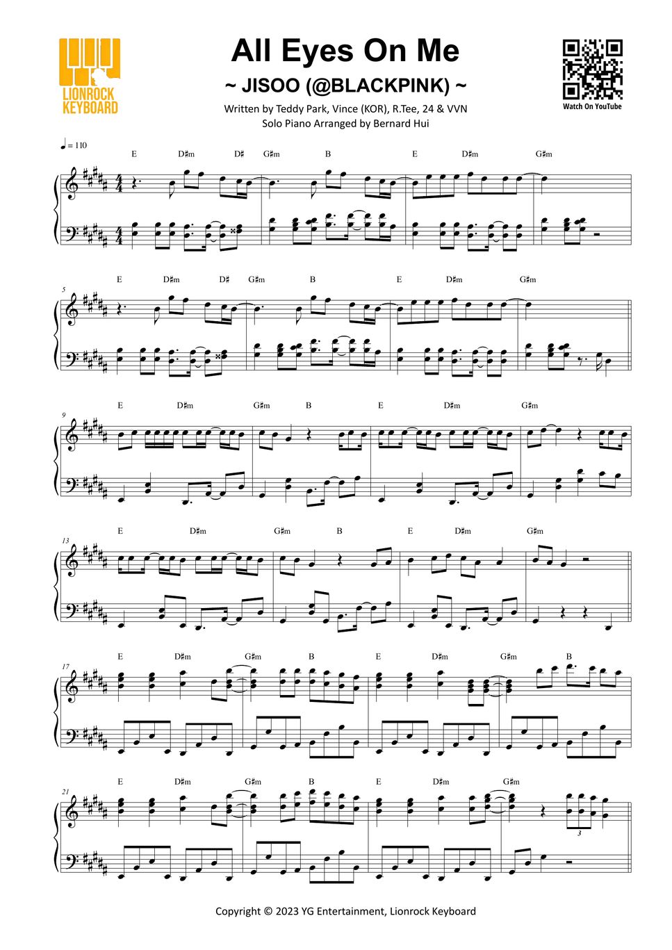 JISOO - All Eyes On Me 楽譜 by Bernard Hui
