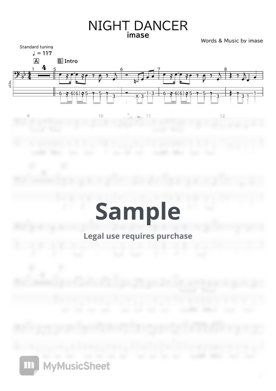 imase - NIGHT DANCER 악보 by たぶべー@財布に優しいベース楽譜屋さん(BASS・TAB譜)