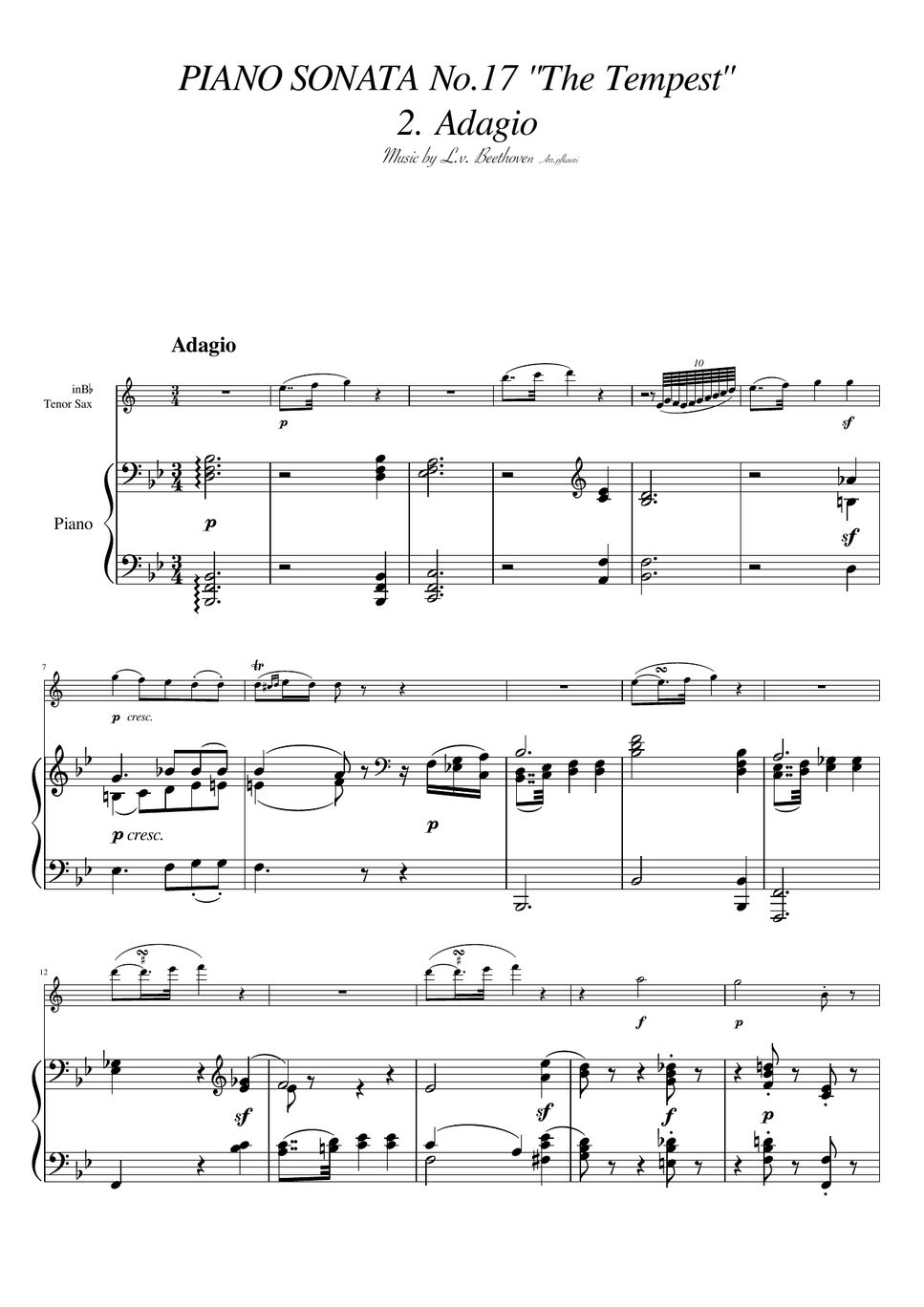 Beethoven - Tempest, 2nd Mov (Tenor Sax & Piano) 악보 by pfkaori