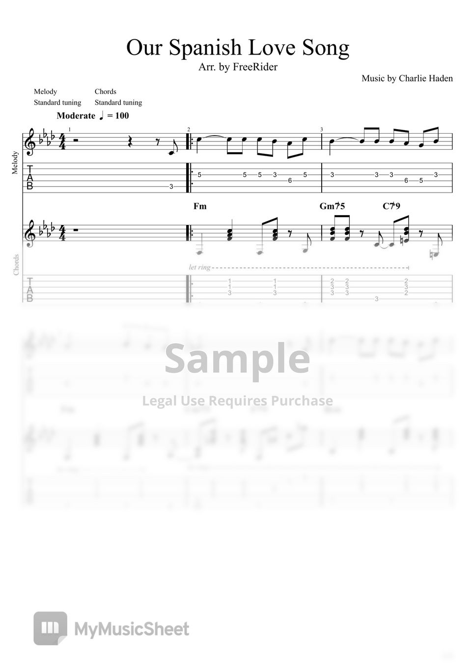 Charlie Haden - Our Spanish Love Song (fingerstyle guitar 핑거스타일 기타) 楽譜 ...