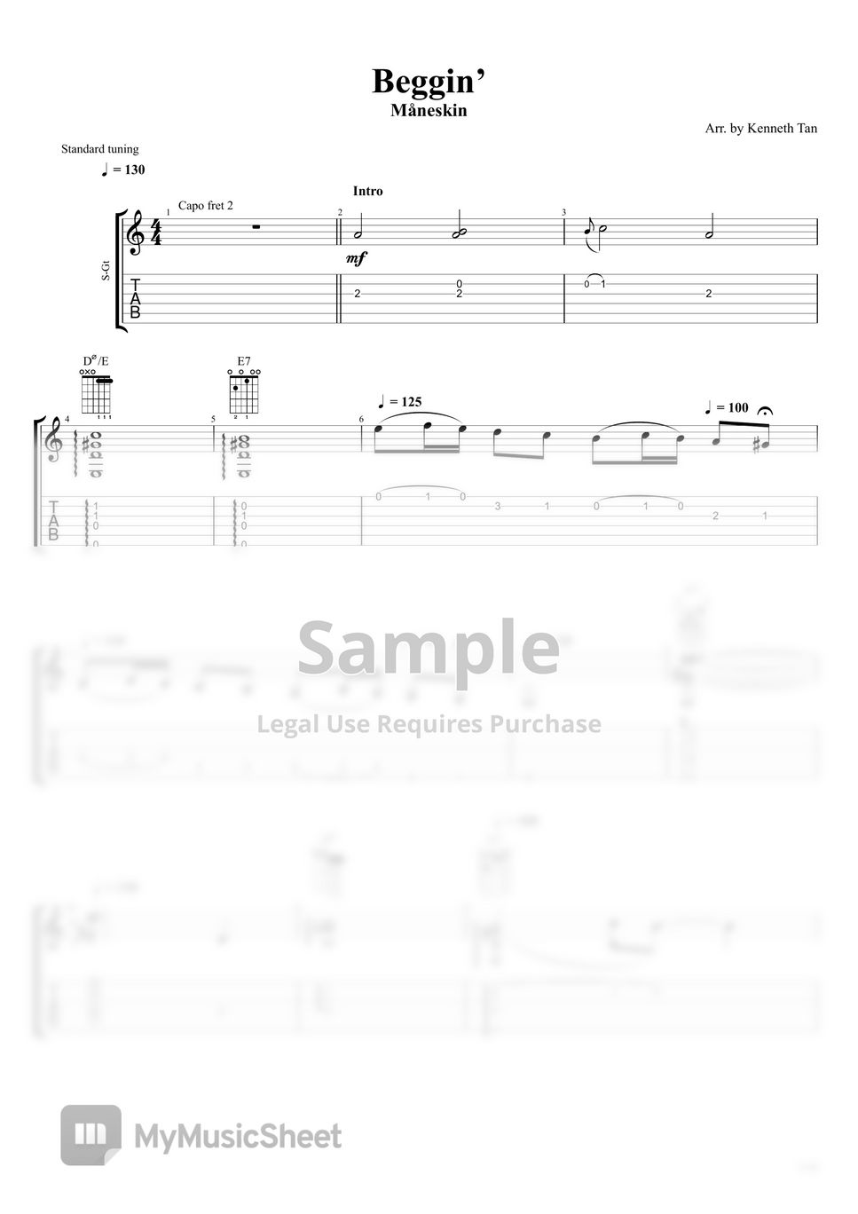 Måneskin | Fingerstyle Guitar - Beggin' 악보 by Kenneth Acoustic