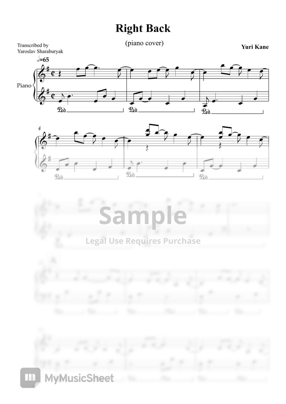 Yuri Kane - Right Back (piano cover) Sheet Music by Yaroslav Sharaburyak