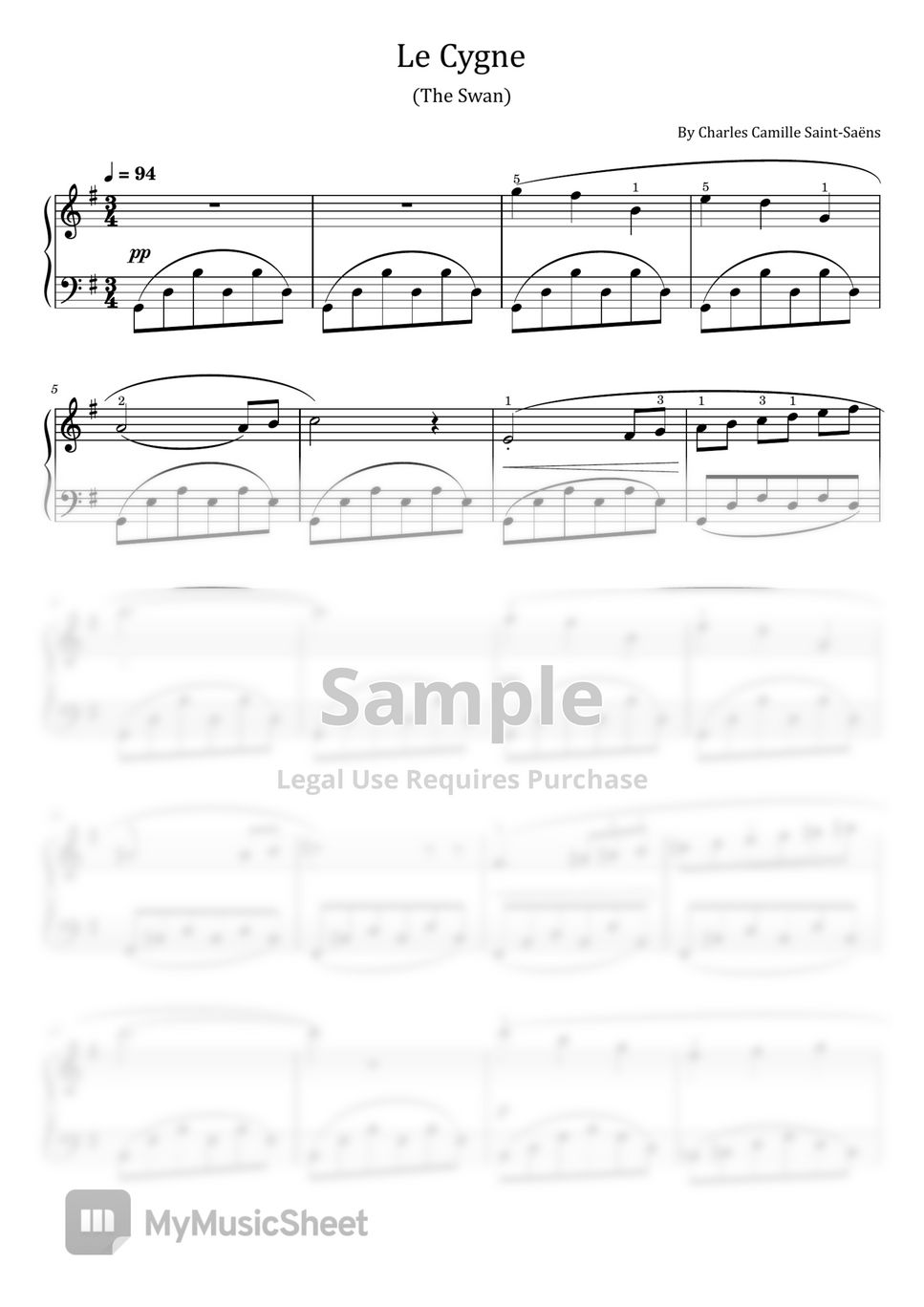 Charles Camille Saint-Saëns - Le Cygne (The Swan) (For Piano Solo - With Finger) 악보 by poon