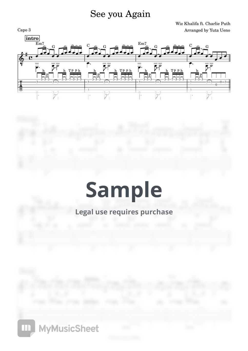 Wiz Khalifa - See You Again (Fingerstyle) Tab + 1staff by Yuta Ueno
