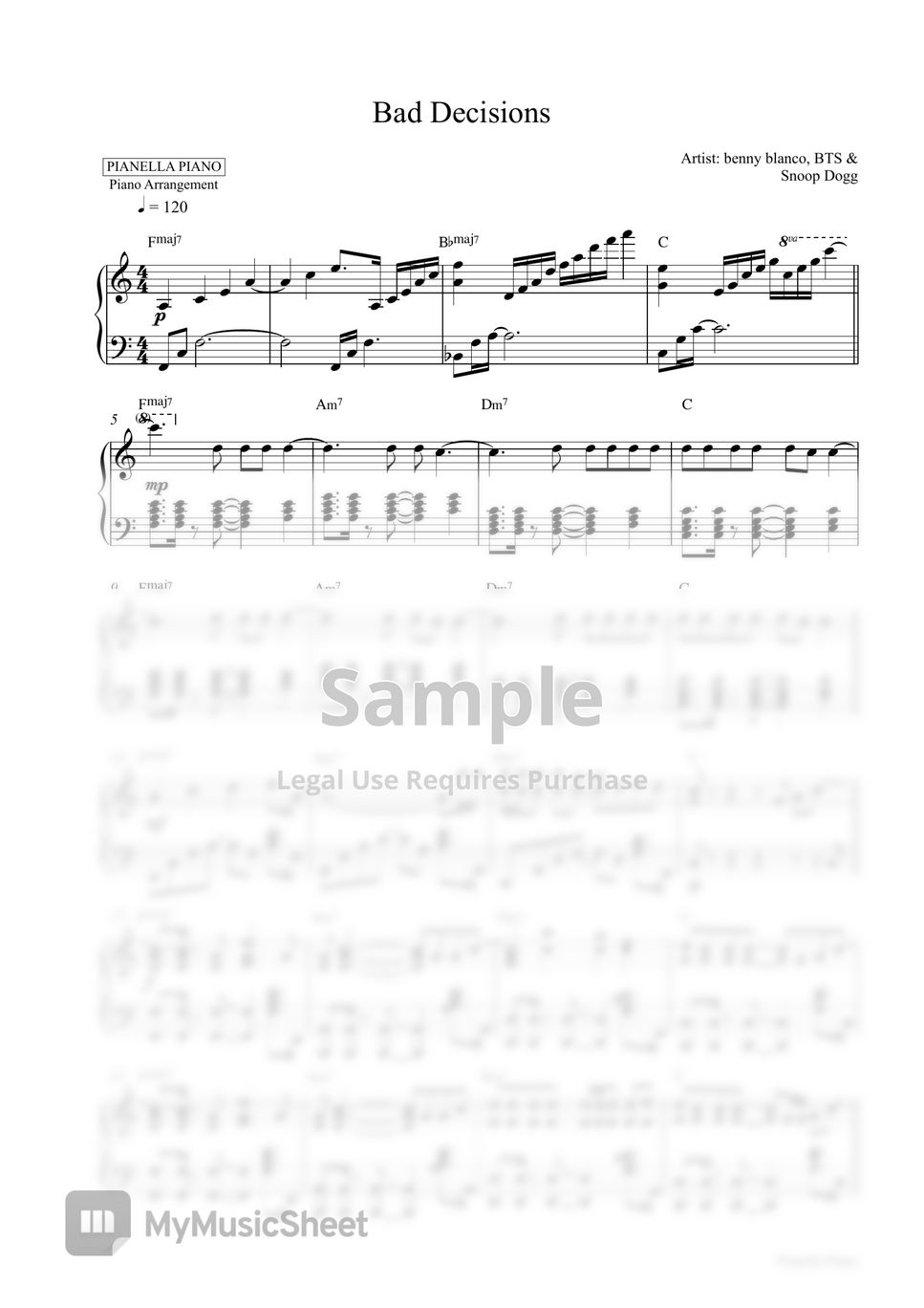 benny blanco, BTS, Snoop Dogg - Bad Decisions (Piano Sheet) Sheets by ...