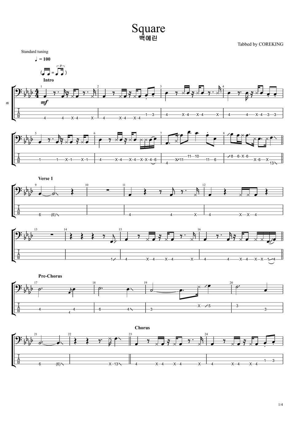 Yerin Baek - Square (BASS TAB) Sheet by COREKING