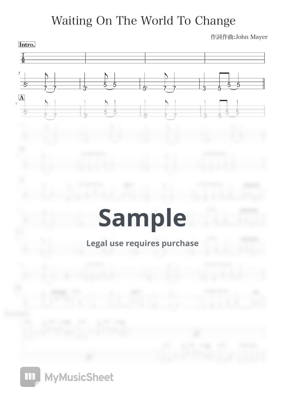 John Mayer - Waiting On The World To Change (ベース譜/TAB譜のみ) Sheets by きどりん