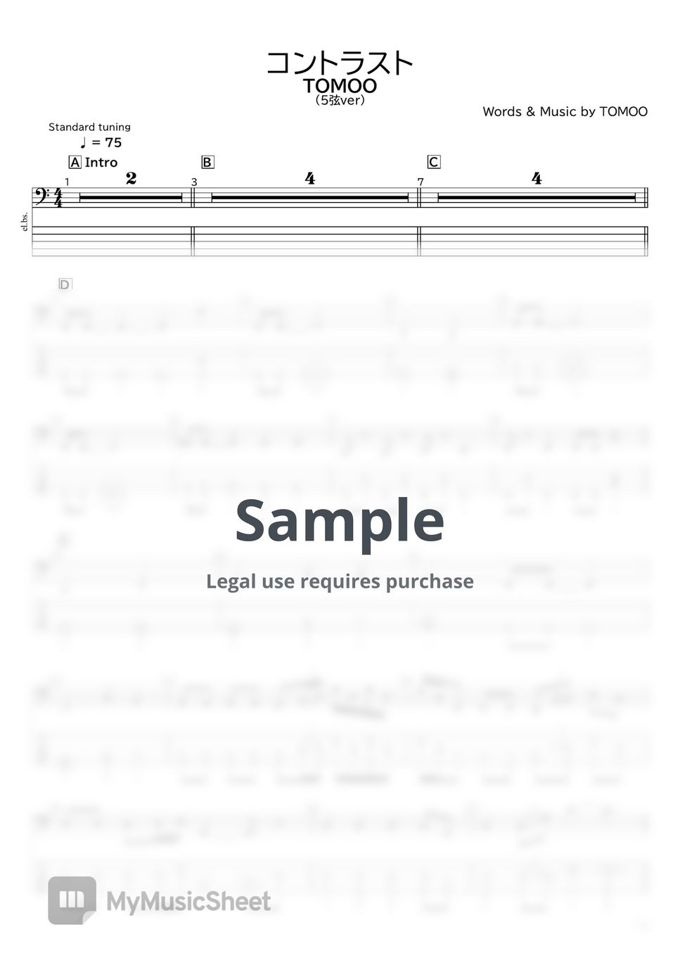 TOMOO - コントラスト(5弦ver)/contrast Tab + 1staff by たぶべー＠財布に優しいベース楽譜屋さん（BASS ...
