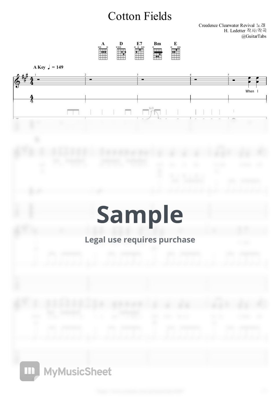 C.C.R.(Creedence Clearwater Revival) - Cotton Fields (A Key / Easy TAB ...