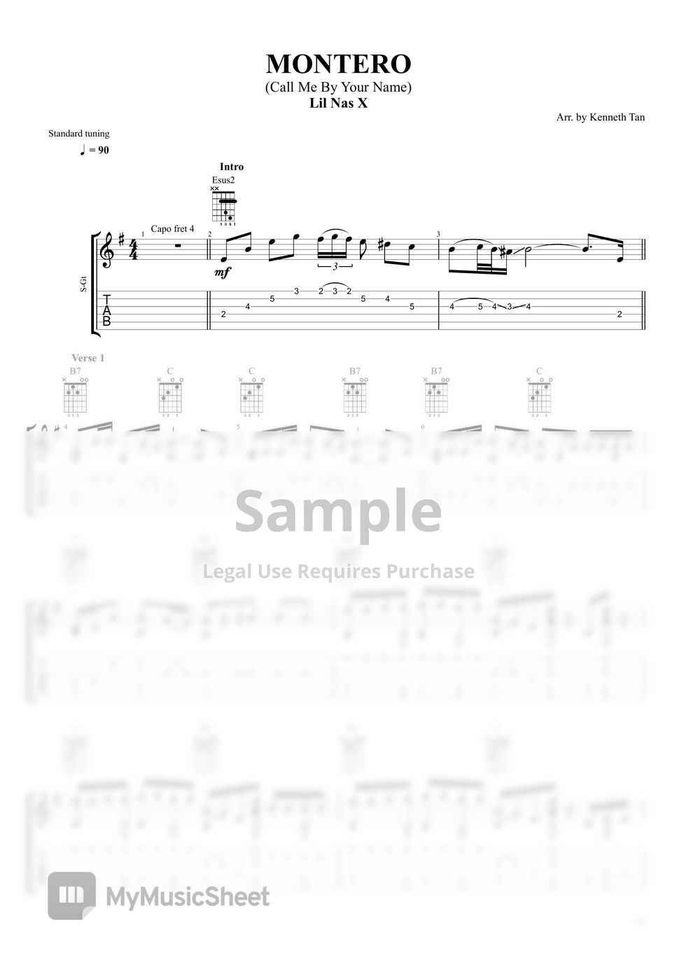 Lil Nas X | Fingerstyle Guitar - MONTERO (Call Me By Your Name) Sheet Music by Kenneth Acoustic