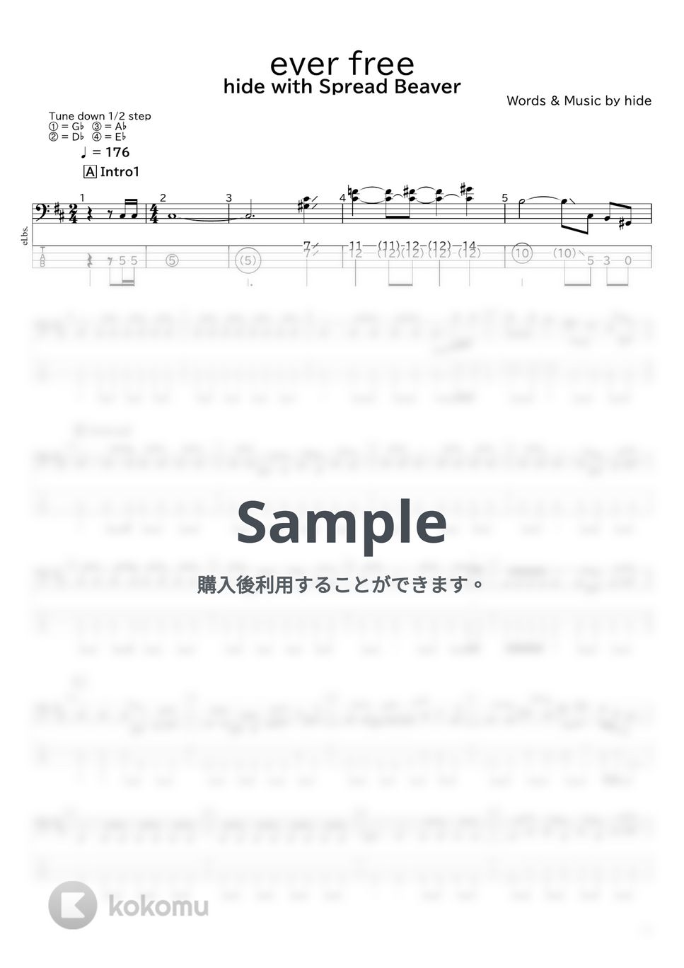 hide with Spread Beaver - ever free タブ + 五線譜 by たぶべー＠財布に優しいベース用楽譜屋さん