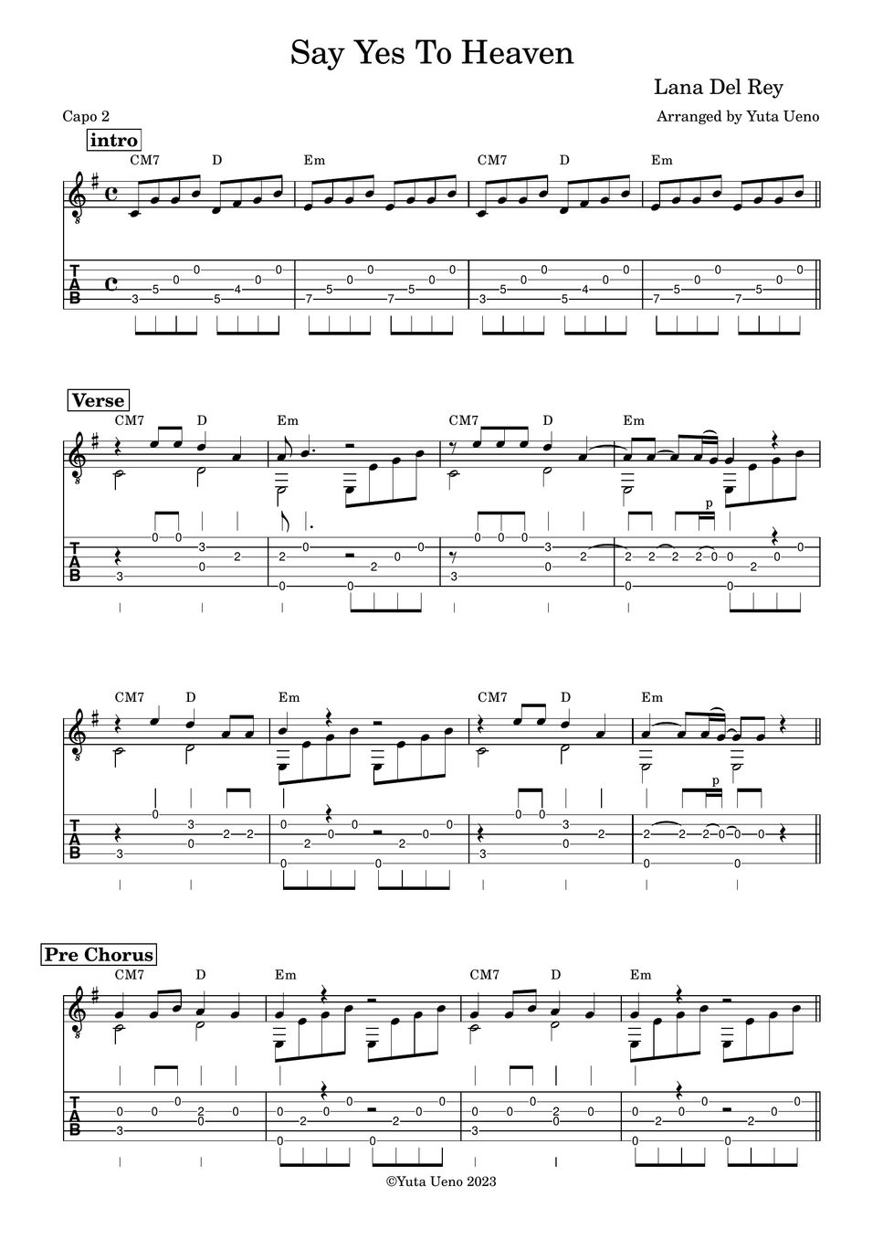 Lana Del Rey - Say Yes To Heaven (Fingerstyle) Tab + 1staff by Yuta Ueno