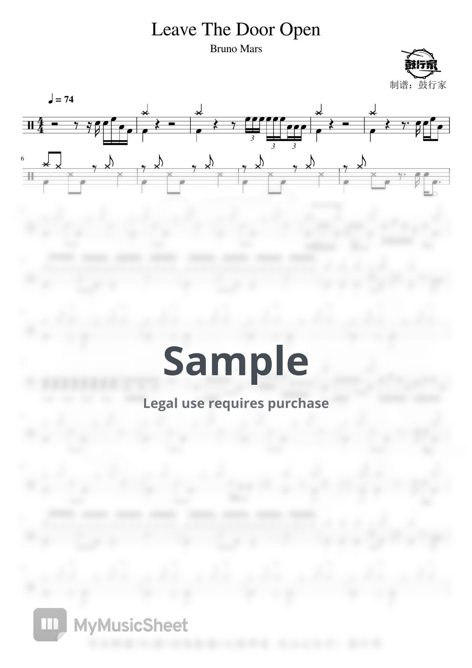 Bruno Mars - Leave The Door Open 악보 by 鼓行家