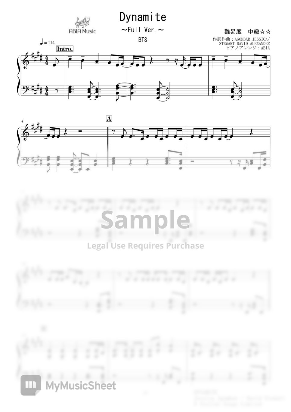 BTS - Dynamite Sheets by ABIA Music