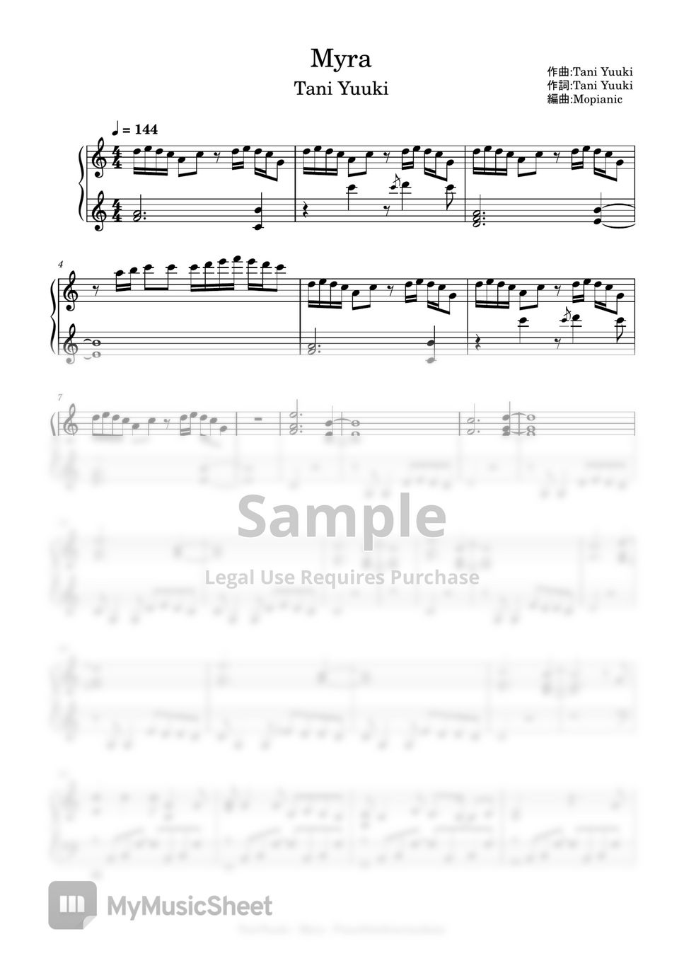 Tani Yuuki - Myra (intermediate, piano) Sheets by Mopianic