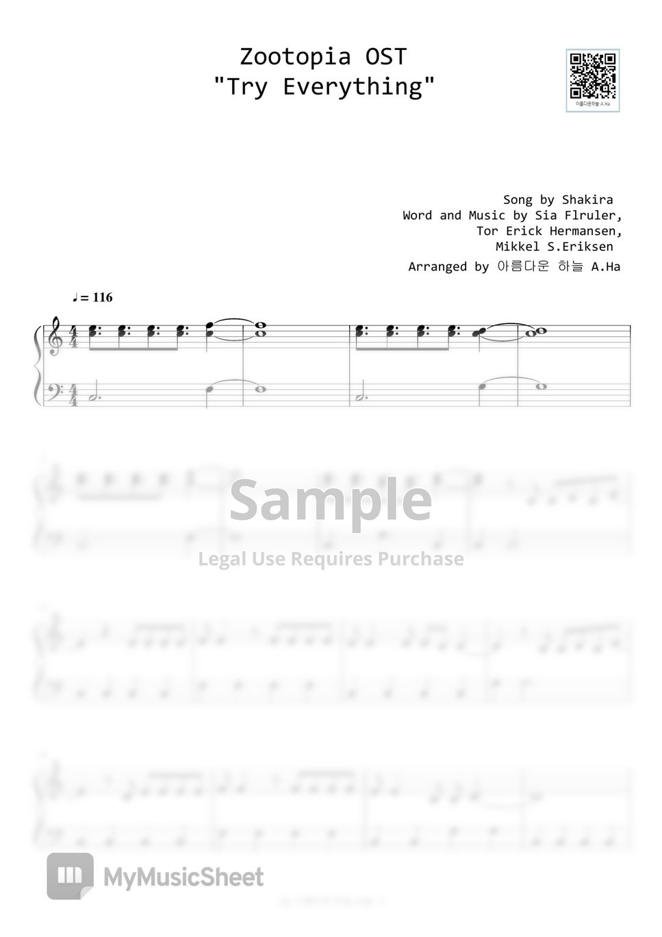 Zootopia OST - Try Everything (Level 1 - C Key) 악보 by A.Ha