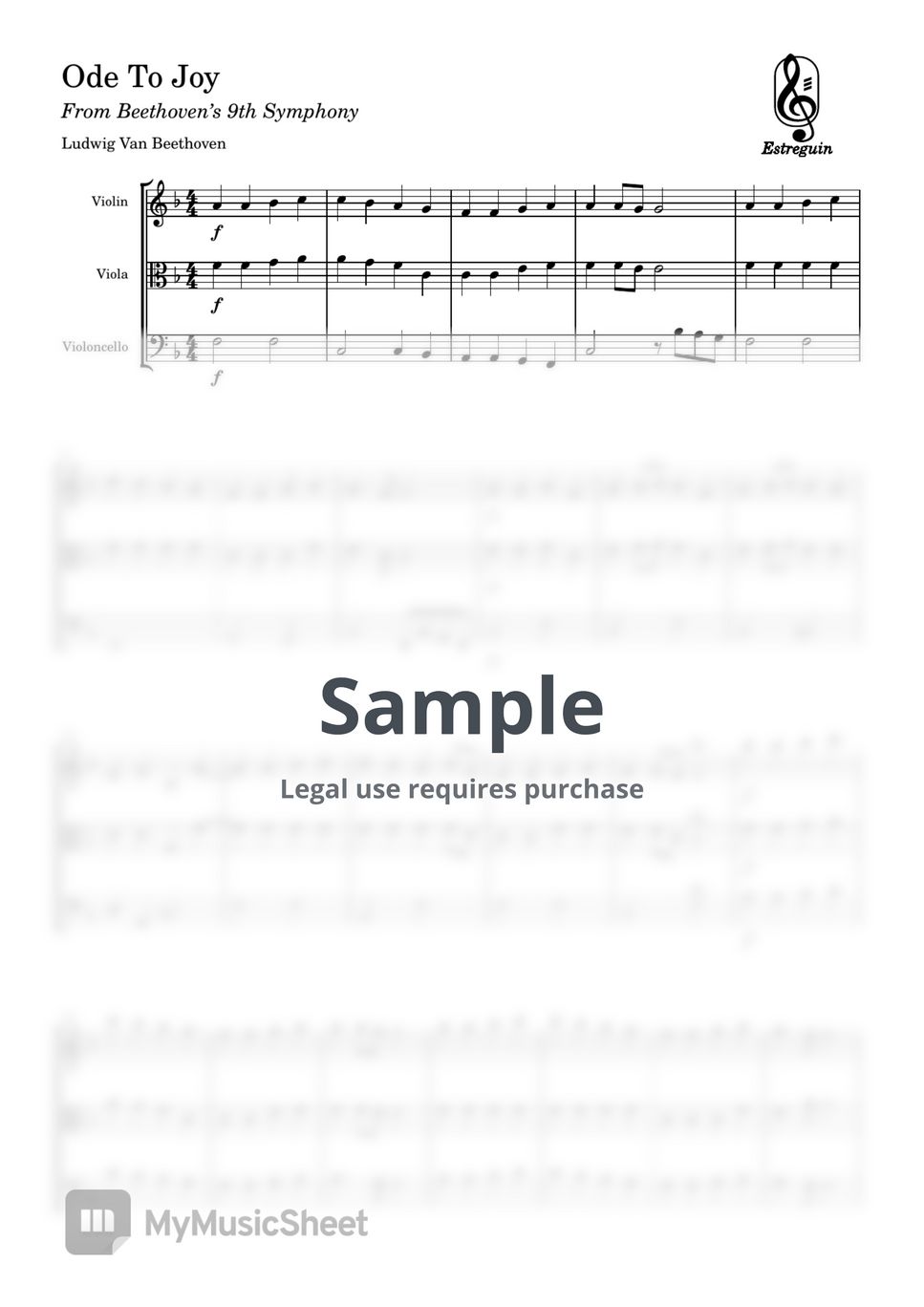 Ludwig van Beethoven - Ode to Joy (String Trio Vln Vla Vlc) Sheet Music by Estreguin