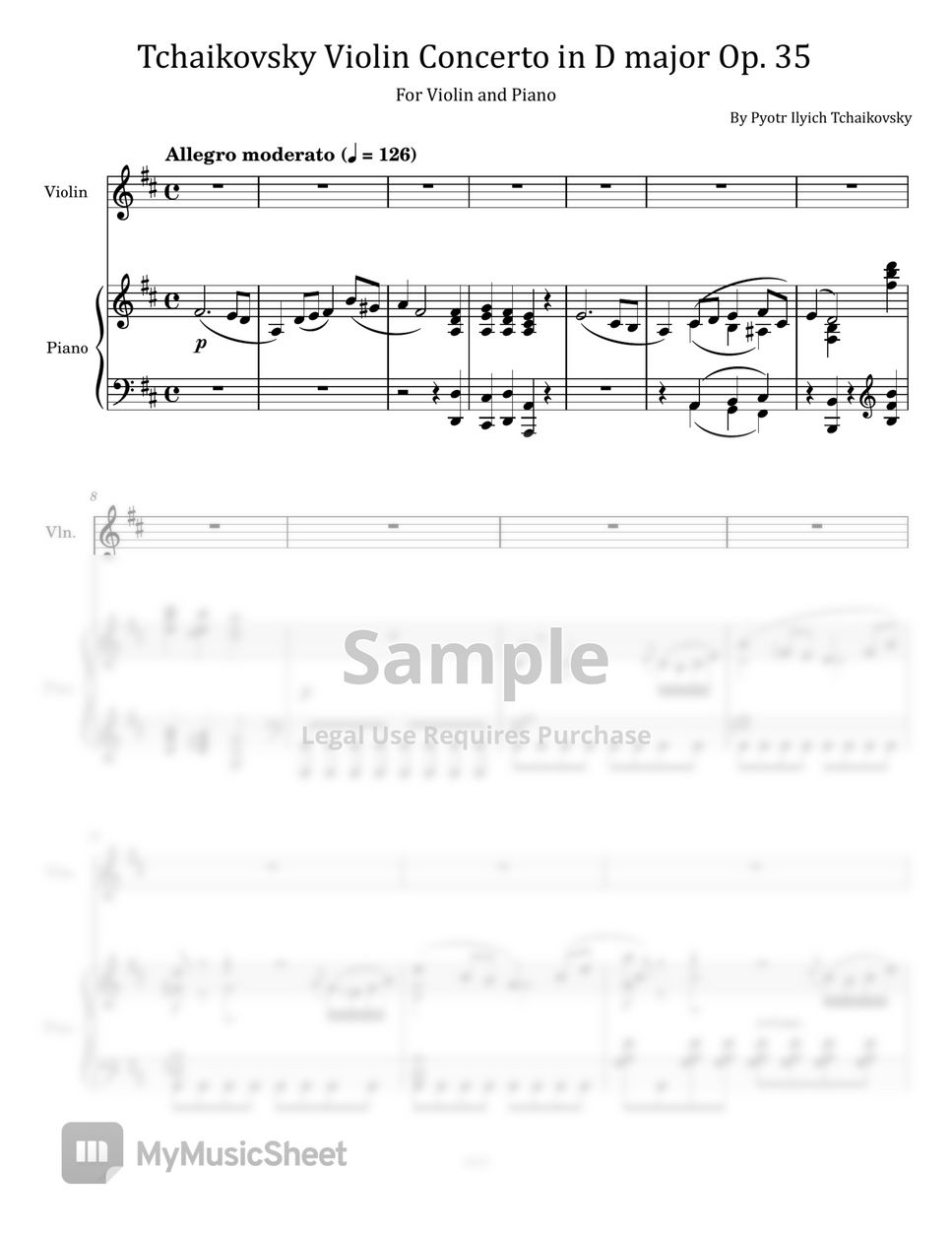 Pyotr Ilyich Tchaikovsky - Violin Concerto in D major, Op. 35 (For Violin and Piano) 楽譜 by poon