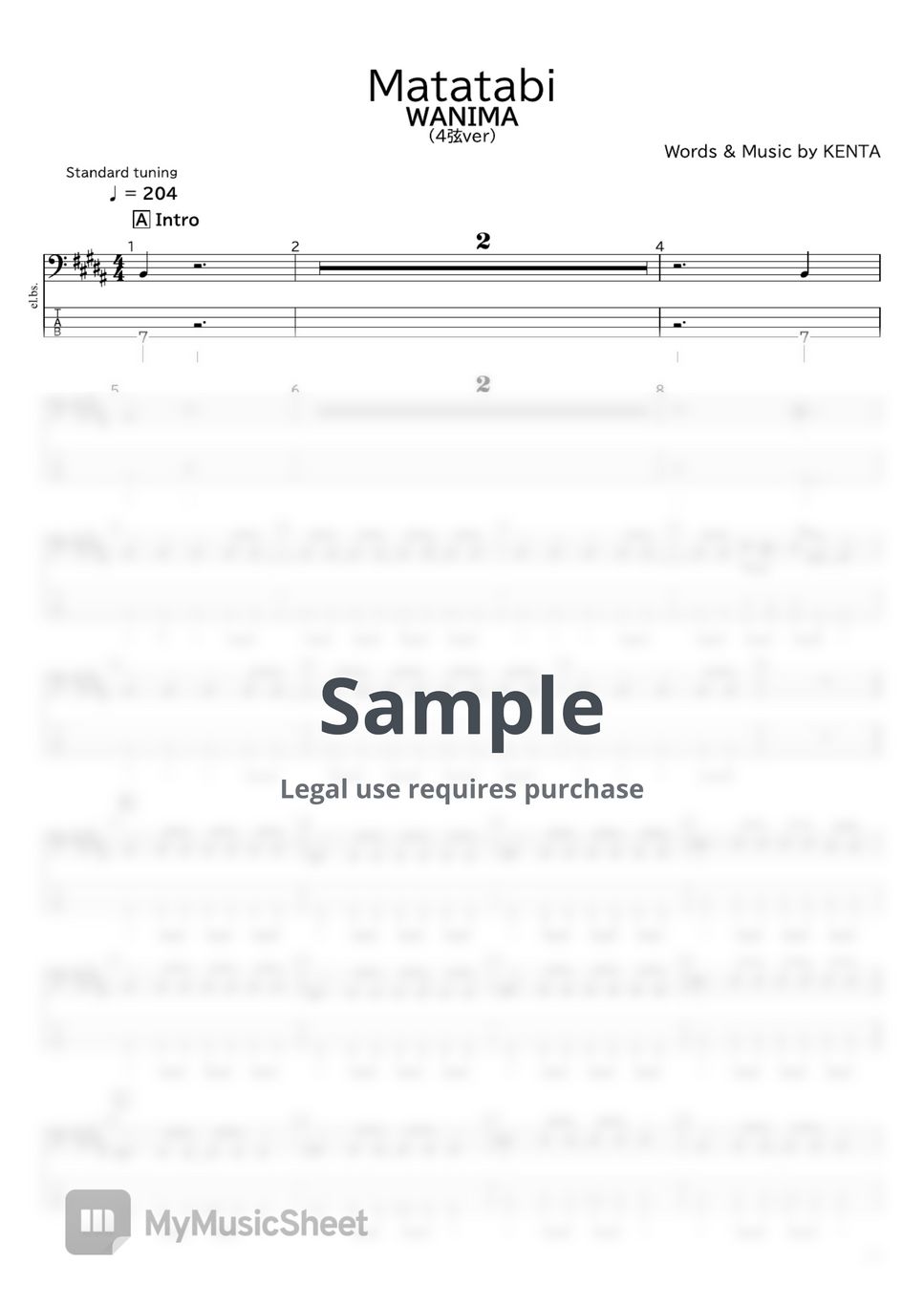 WANIMA - Matatabi(4弦ver) TAB+1 บรร. by たぶべー＠財布に優しいベース楽譜屋さん（BASS・TAB譜）