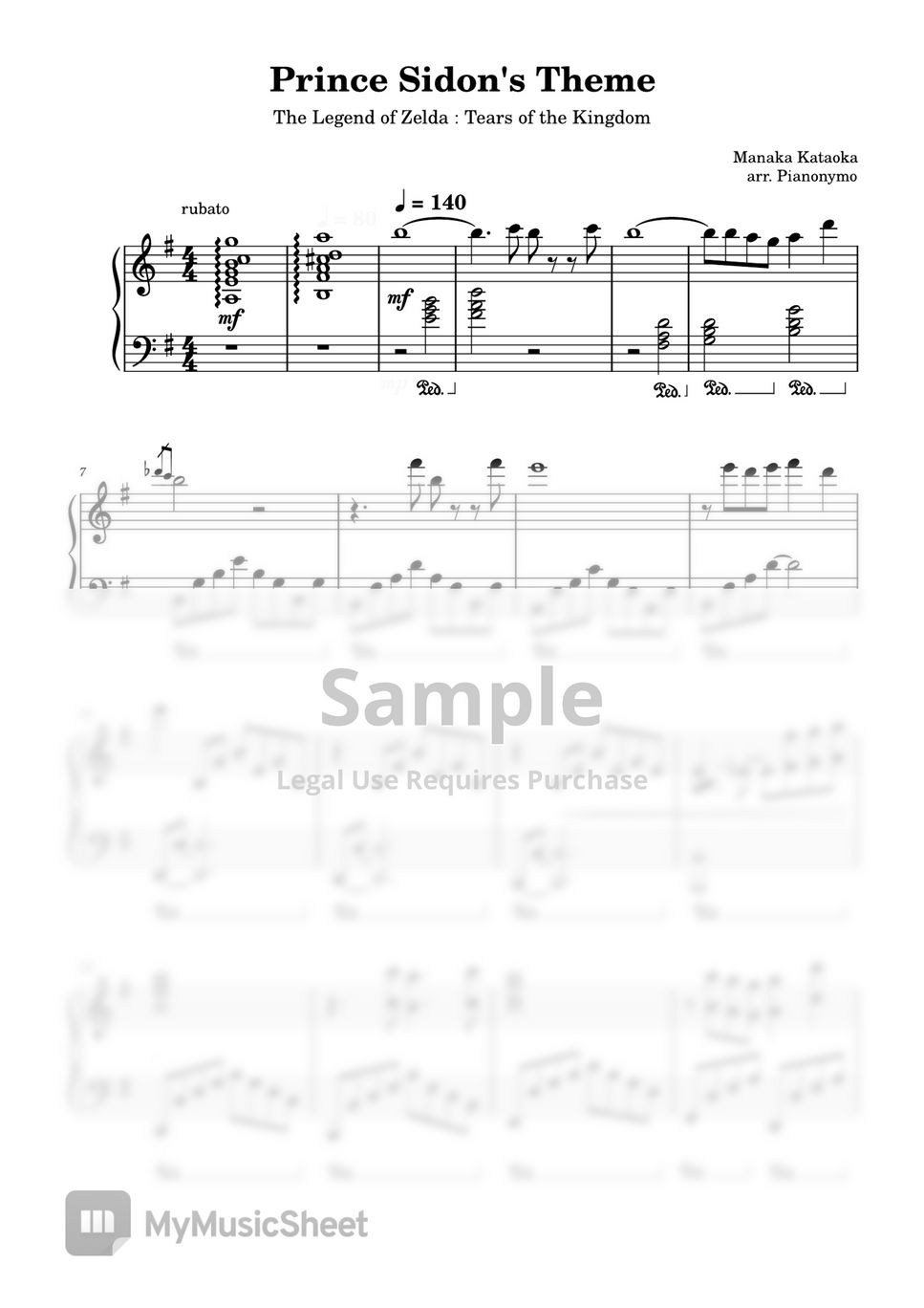 Zelda Tears of the Kingdom - Prince Sidon's Theme Sheet Music by Pianonymo