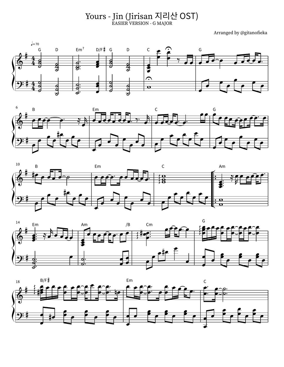 JIN BTS - Yours (Jirisan 지리산 OST) - EASIER VERSION Sheets by Gita Nofieka Dwijayati