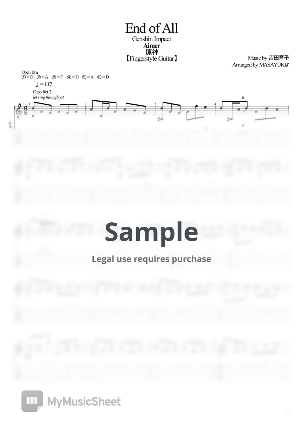 Aimer - End of All (原神 Genshin Impact) Tab + 1staff by MASAYUKI♪