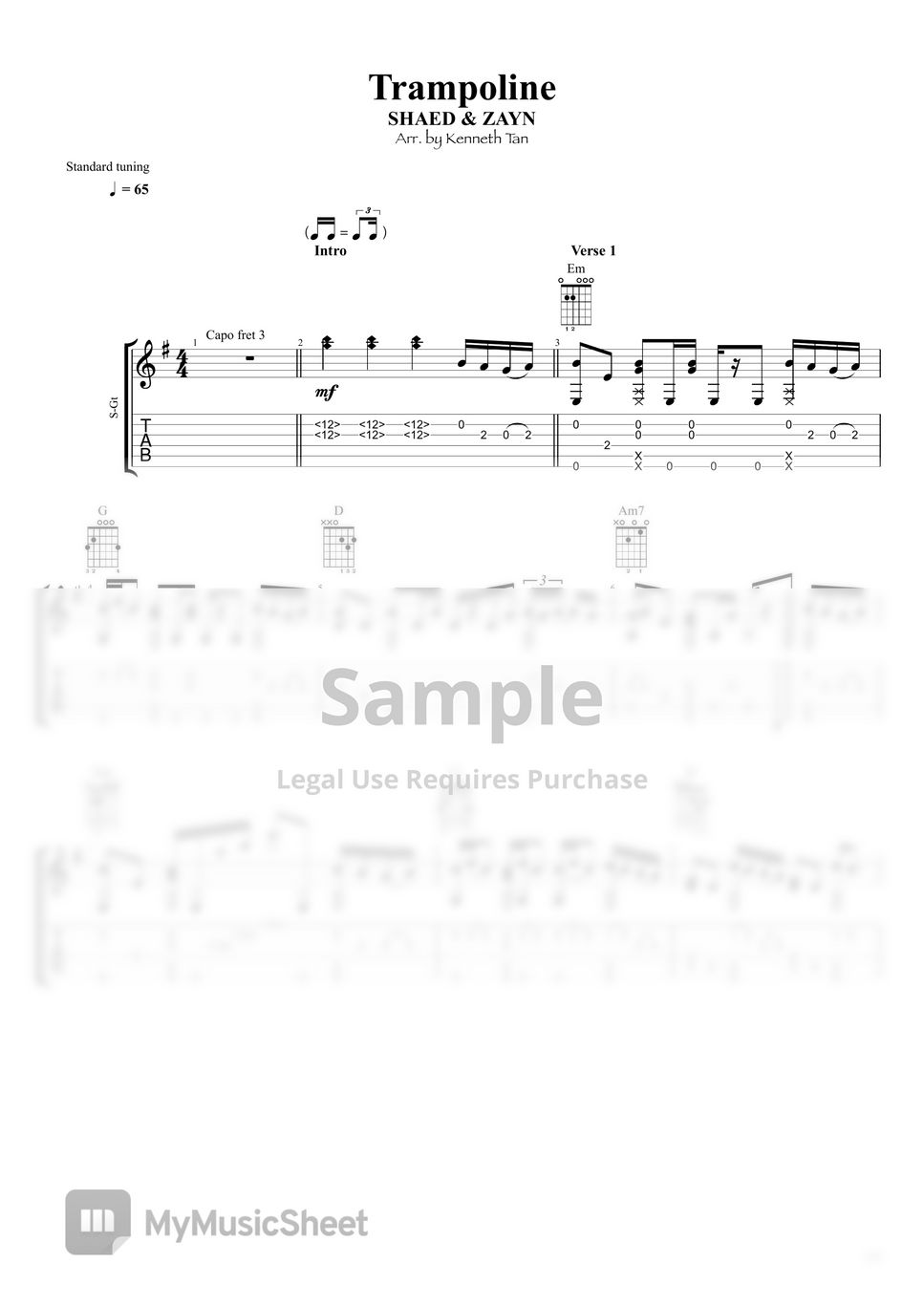 SHAED x ZAYN | Fingerstyle Guitar - Trampoline 악보 by Kenneth Acoustic