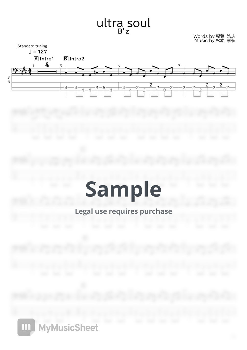 B’z - ultra soul โน้ตเพลง by たぶべー@財布に優しいベース楽譜屋さん(BASS・TAB譜)