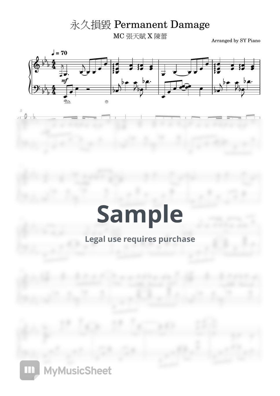 徐浩 - MC 張天賦 X 陳蕾 - 永久損毀 Permanent Damage Sheet Music by SY Piano