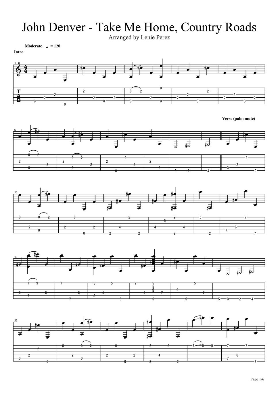 John Denver - Take Me Home, Country Roads (guitar tabs) Sheet by lenie ...