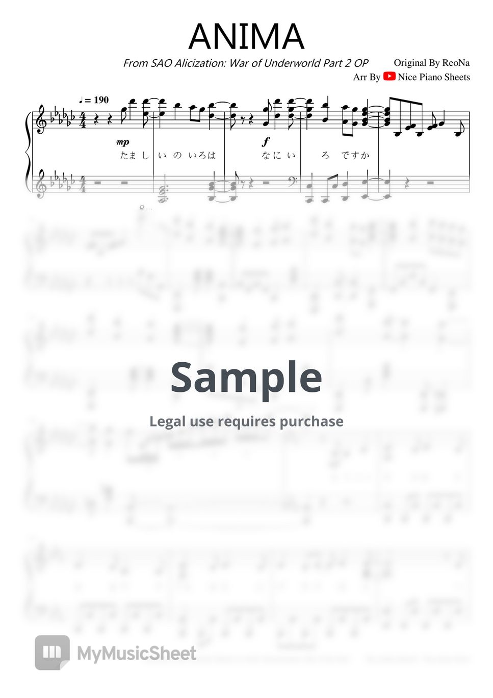 ReoNa - ANIMA Sheets by Nice piano sheets