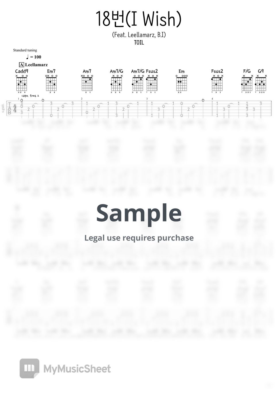 Toil(토일) - 18번(I Wish) (feat.릴러말즈 & B.I) Tab + 1staff