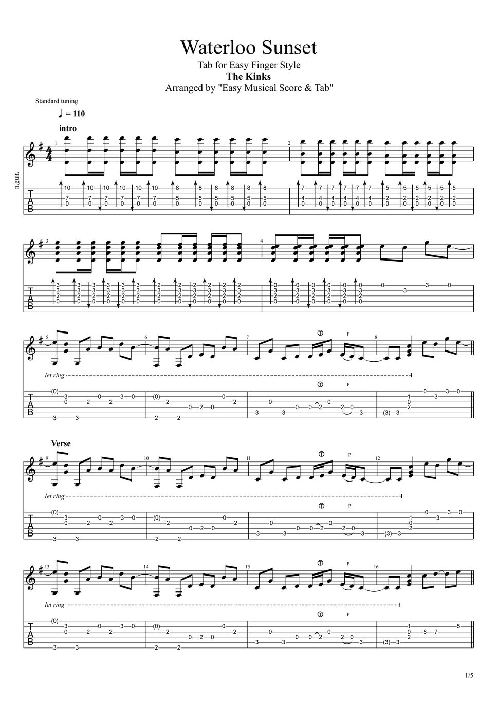 The Kinks - Waterloo Sunset (Tab for Easy Finger Style) Tabulatur ...