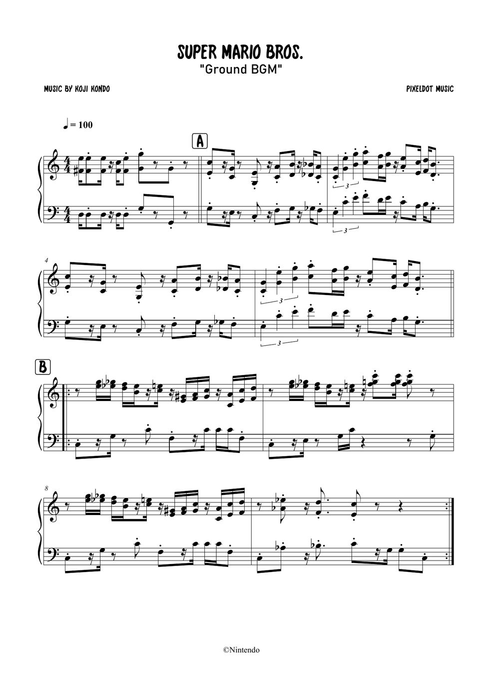 곤도 고지 - 슈퍼 마리오 브라더스 (1985) - Ground BGM (NES) Sheet Music by 픽셀닷뮤직