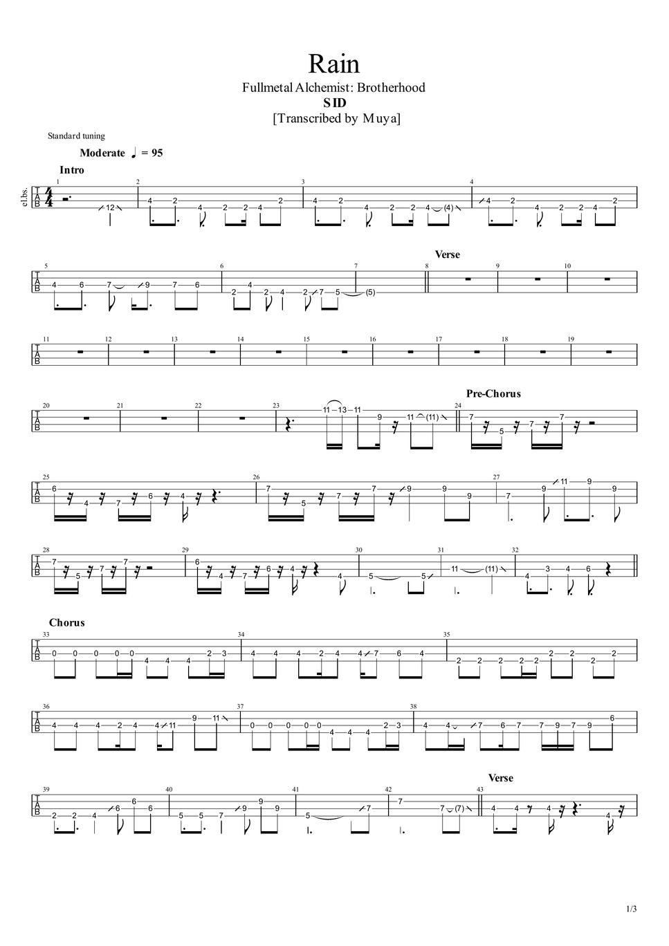 SID - Rain (Bass TAB) Sheet Music by Muya