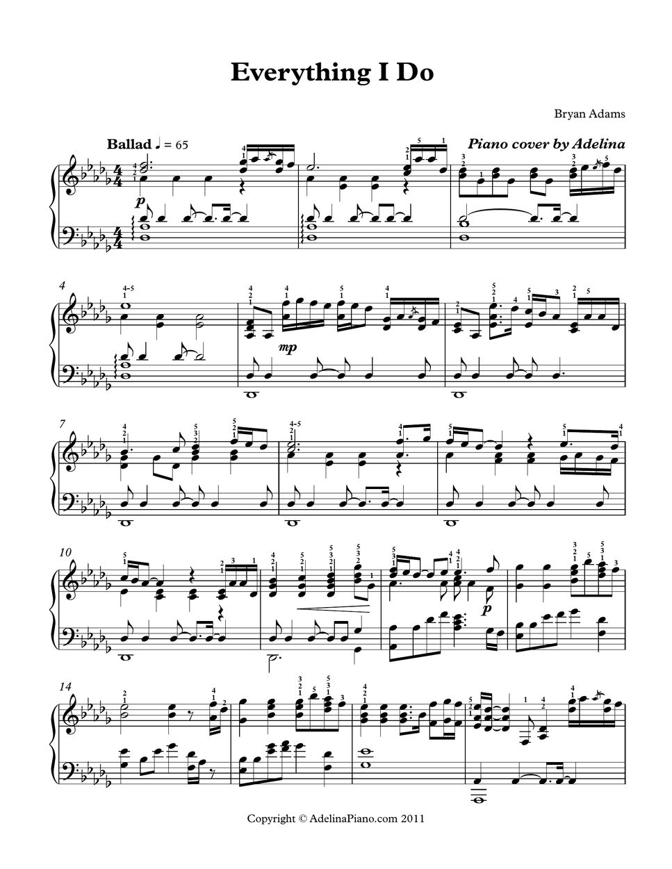 Bryan Adams - Everything I Do 악보 by Adelina Piano
