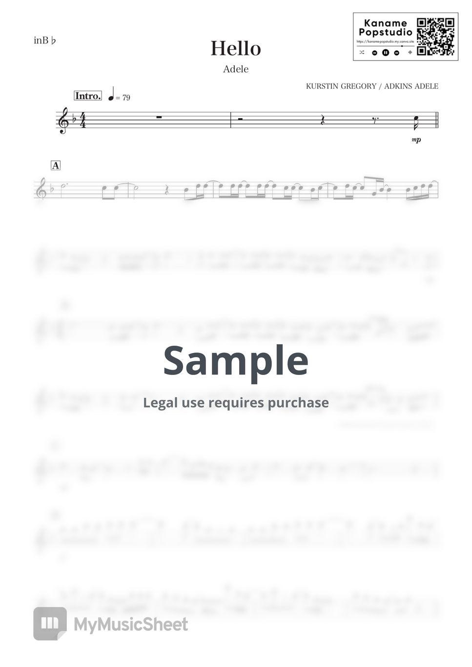 Adele - Hello (B♭) Sheet Music by Kaname@Popstudio