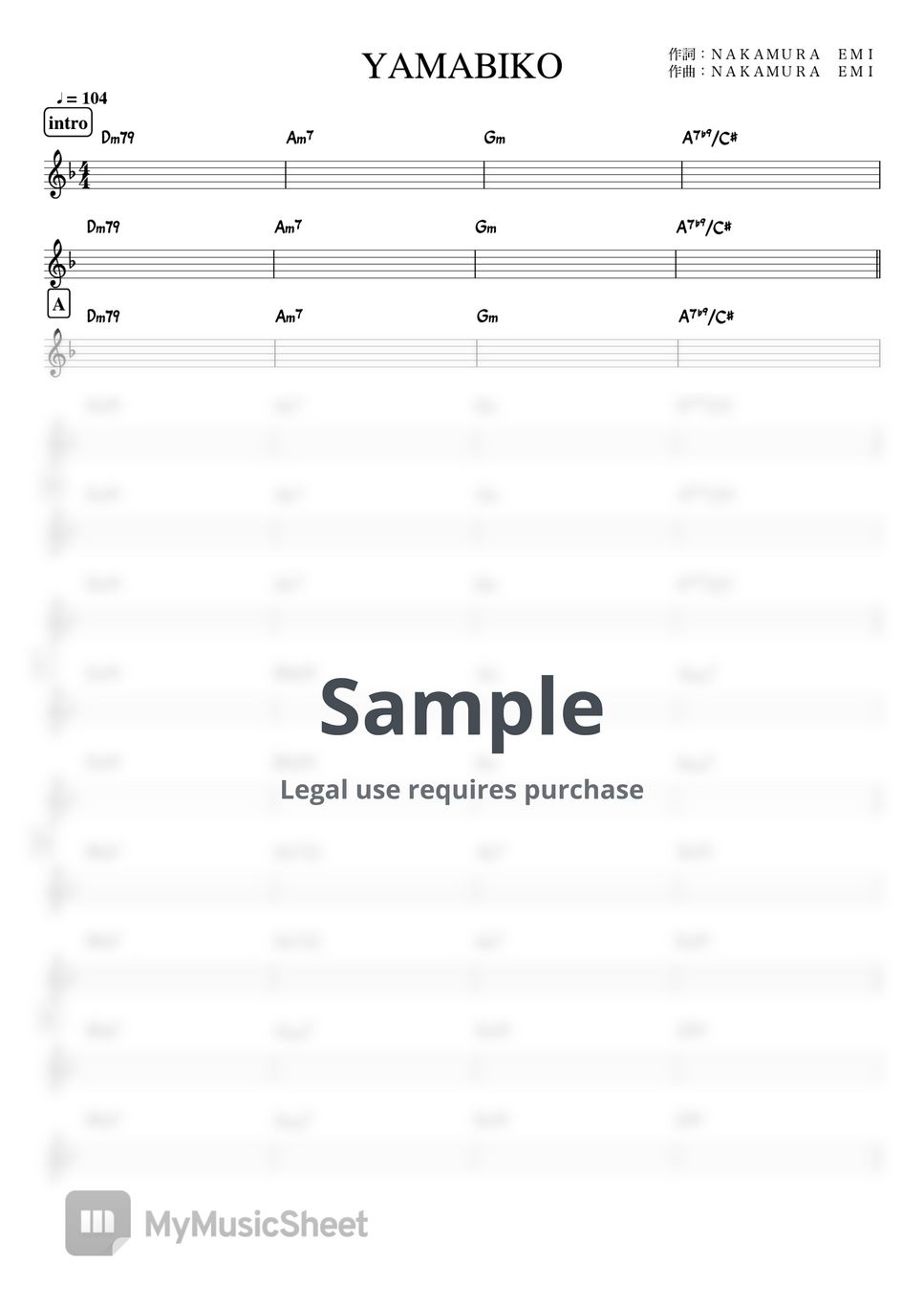 NakamuraEmi - YAMABIKO (バンド用コード譜) 악보 by 箱譜屋