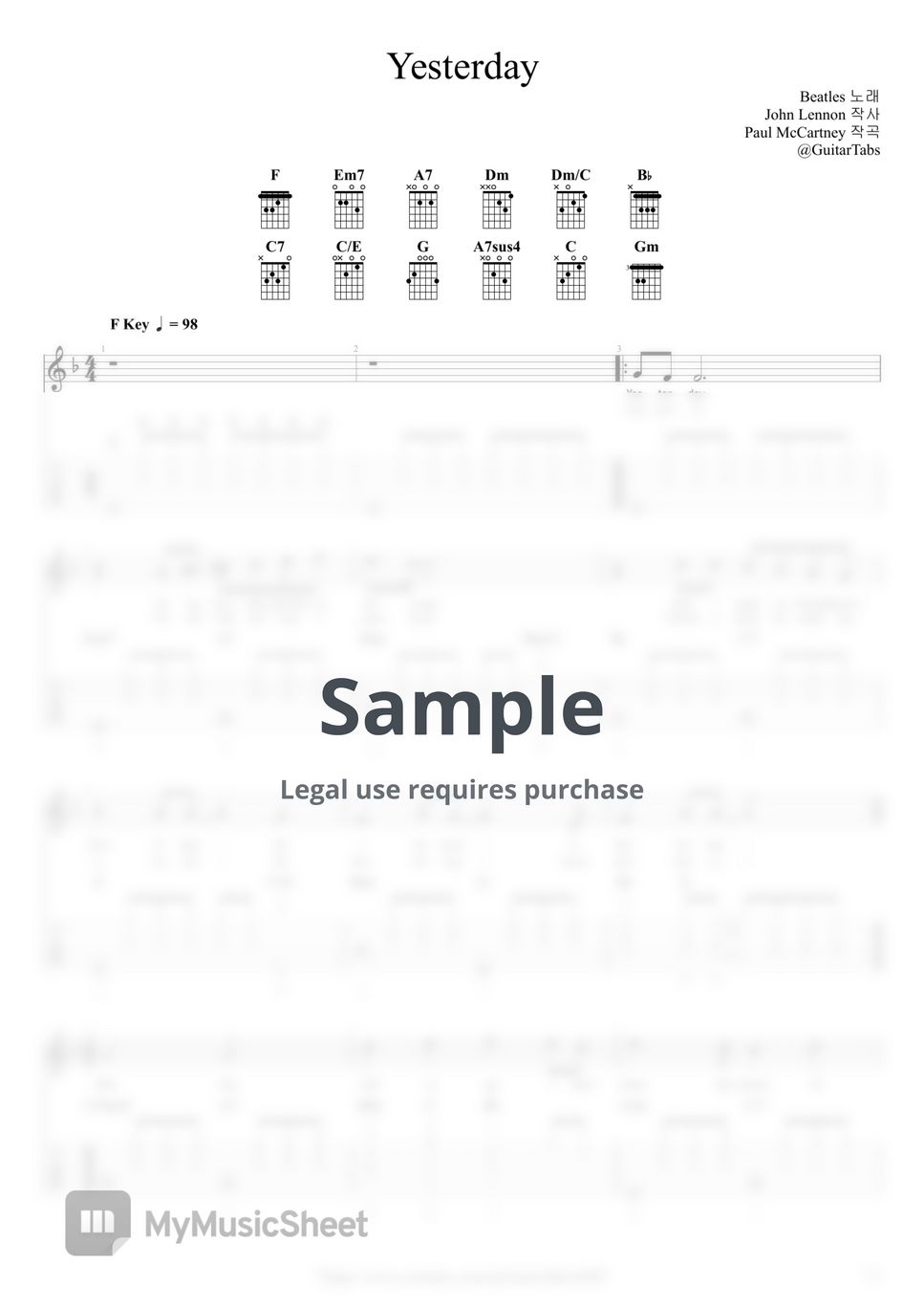 Beatles - Yesterday (F Key / Easy TAB / Lyrics) Partitura by 624 TABs