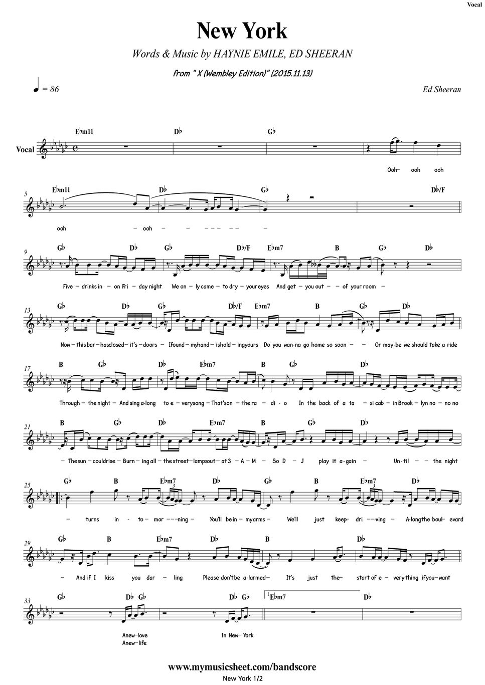 Ed Sheeran - New York | Band Score Sheet