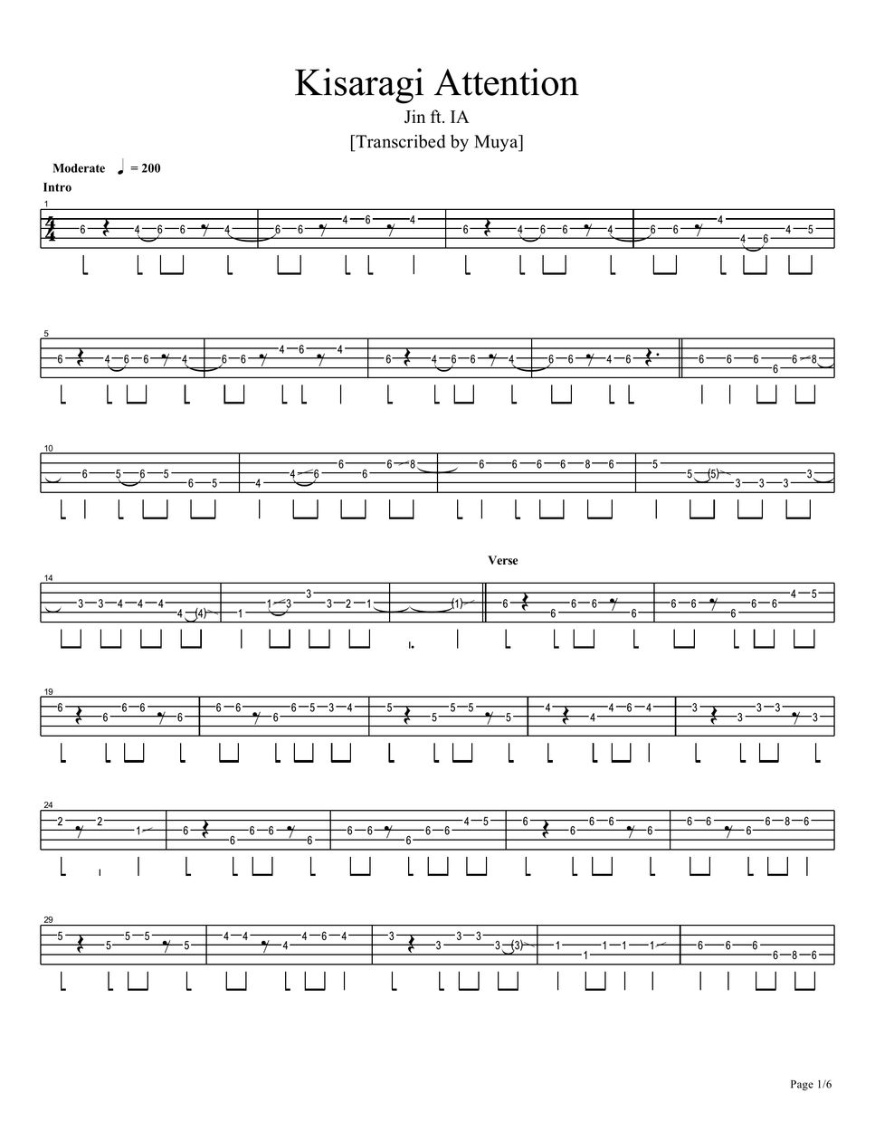 Jin - Kisaragi Attention (Bass TAB) Sheets by Muya