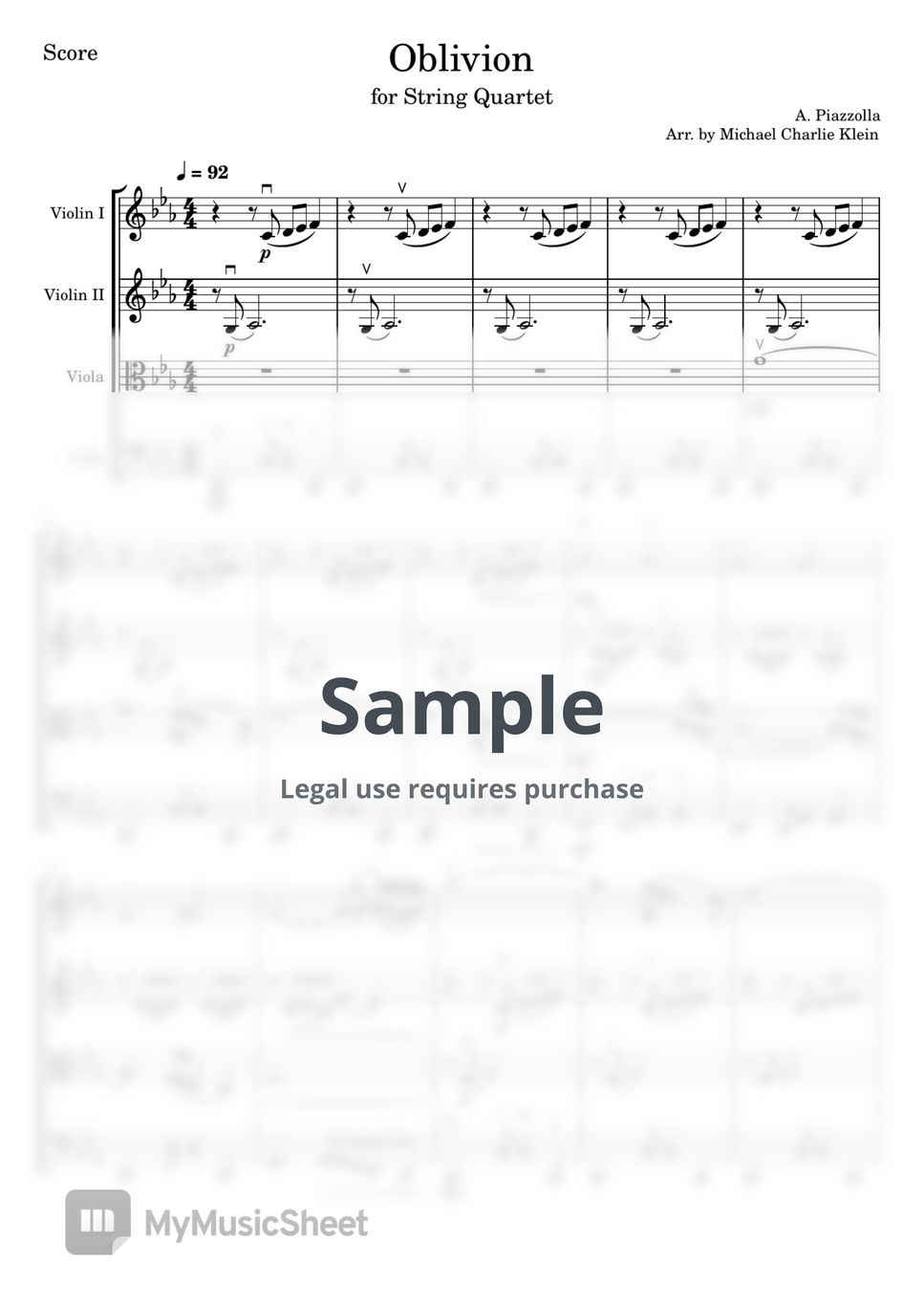 Astor Piazzolla - 〈Oblivion〉 for String Quartet 악보 by Michael Charlie Klein