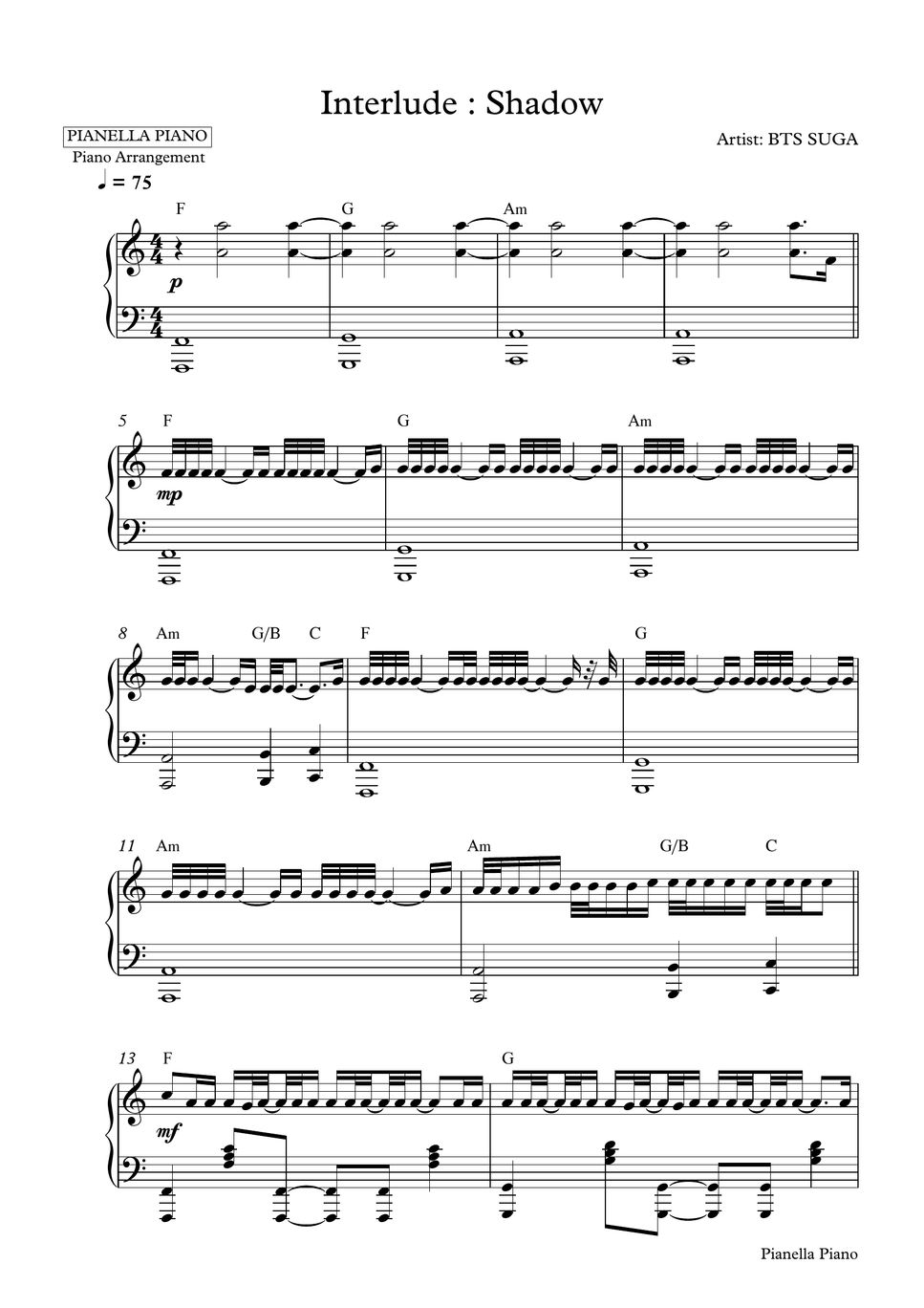 BTS SUGA - Interlude : SHADOW (Piano Sheet) Sheet by Pianella Piano