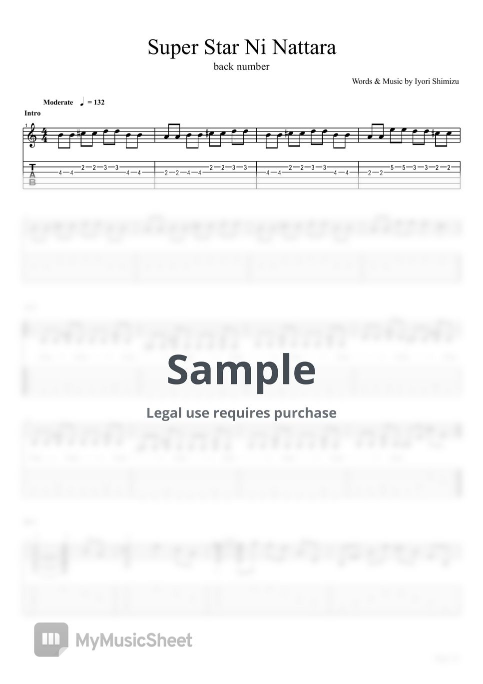 back number - Super Star Ni Nattara【Guitar TAB】 TAB+1 Staff by ...