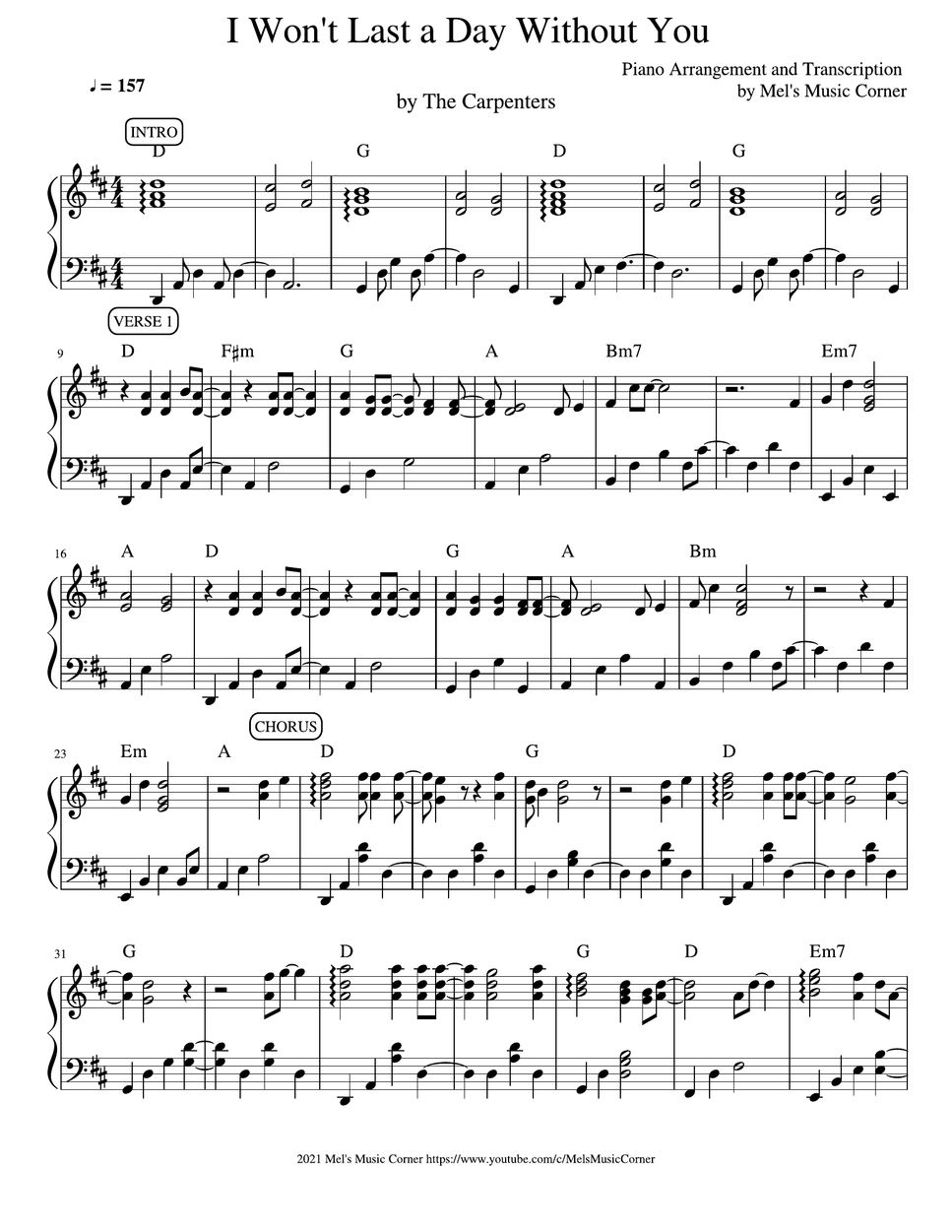 The Carpenters - I Won't Last a Day Without You (piano sheet music ...