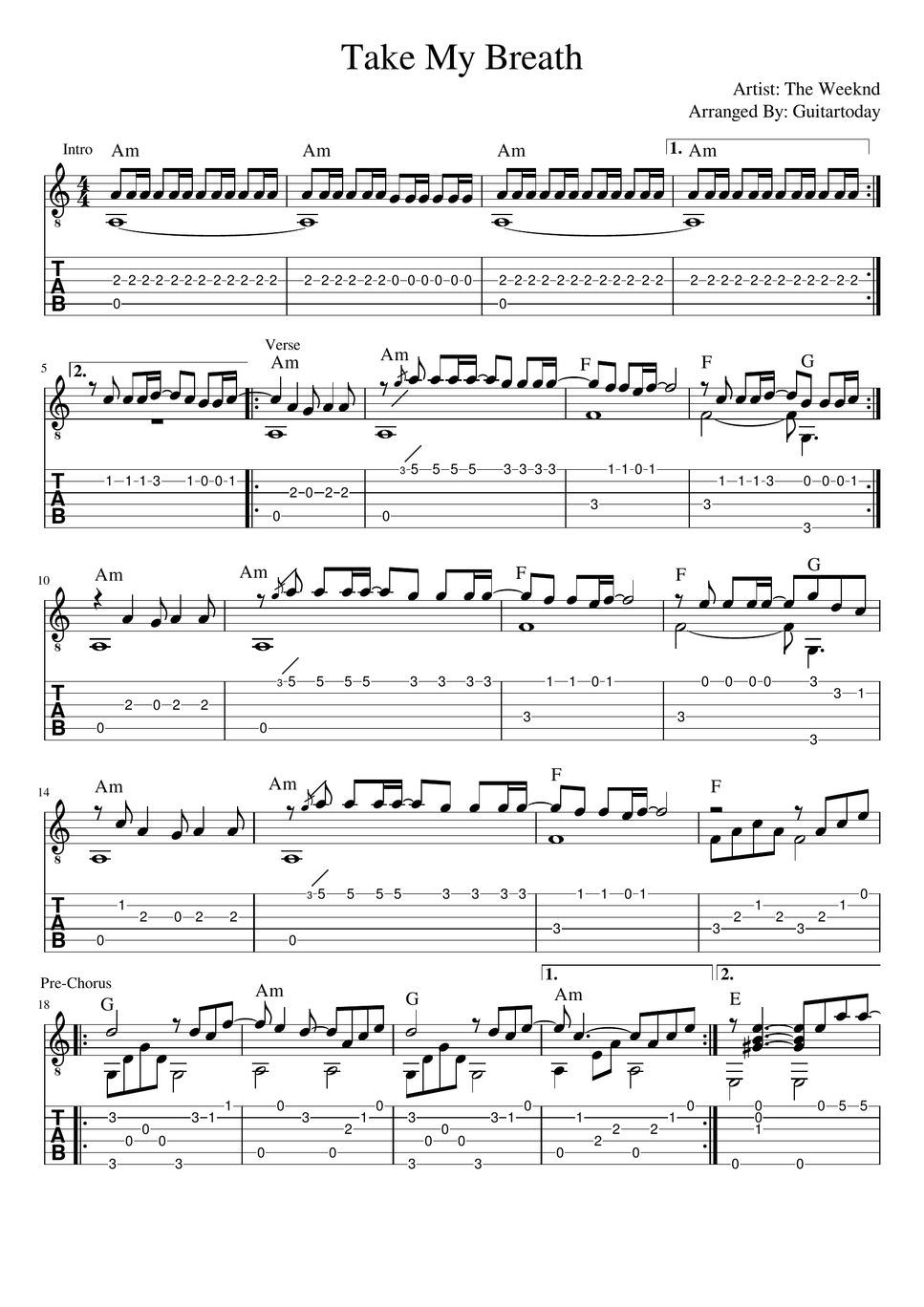 The Weeknd - Take My Breath 曲谱