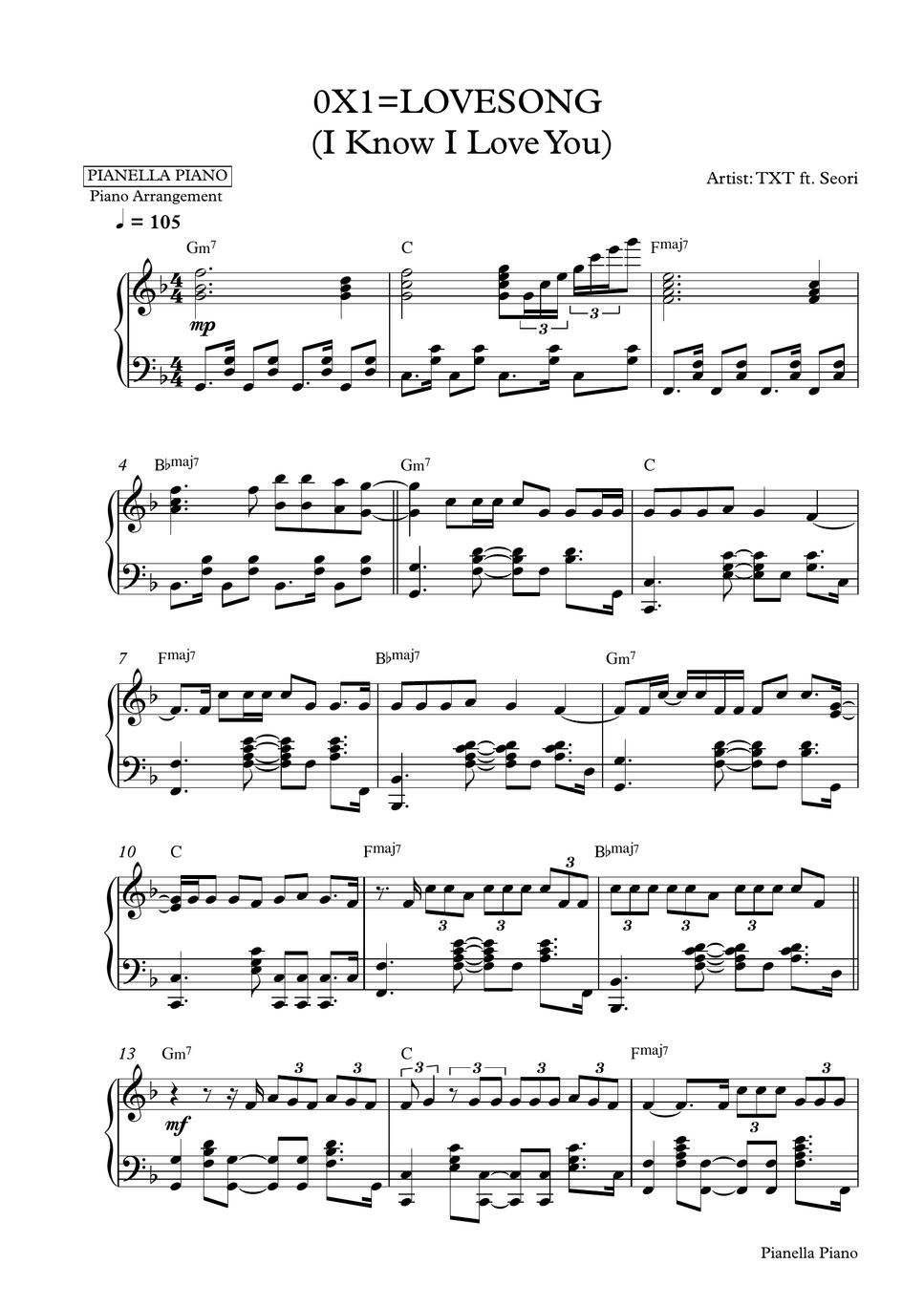 TXT ft. Seori - 0X1=LOVESONG (I Know I Love You) Sheet by Pianella Piano