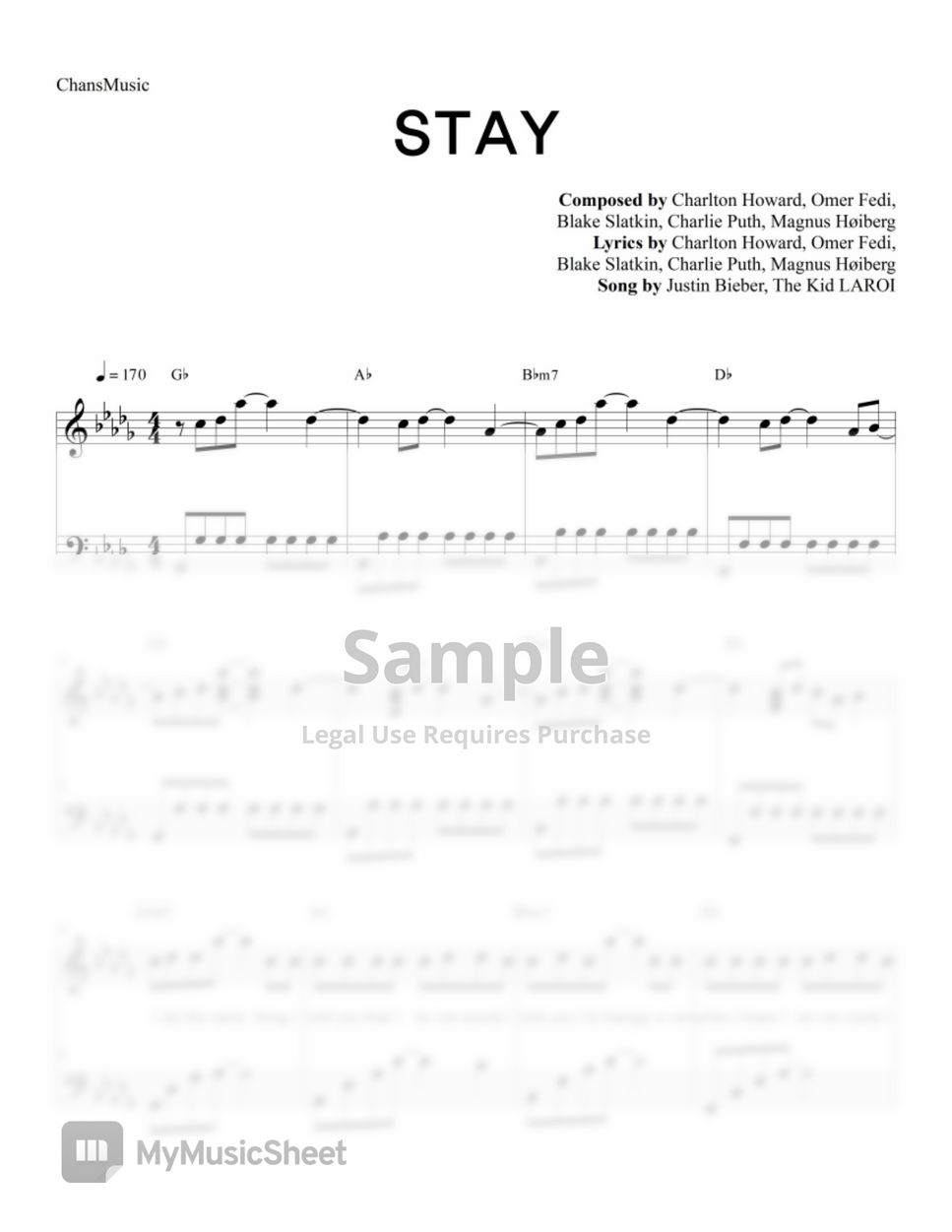 The Kid LAROI, Justin Bieber - STAY (with Lyrics) 악보 by ChansMusic