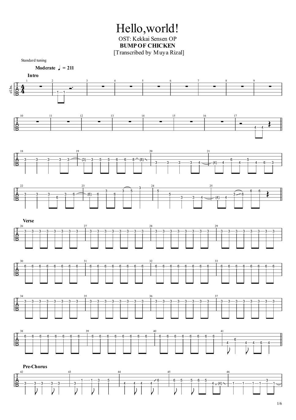 BUMP OF CHICKEN - Hello, world! (Bass TAB) Sheet Music by Muya Rizal