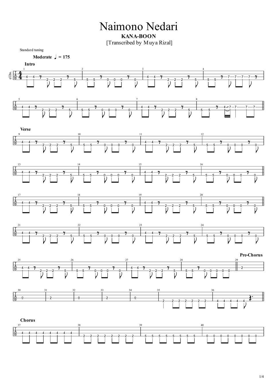 KANA-BOON - Naimono Nedari (Bass TAB) Sheets by Muya